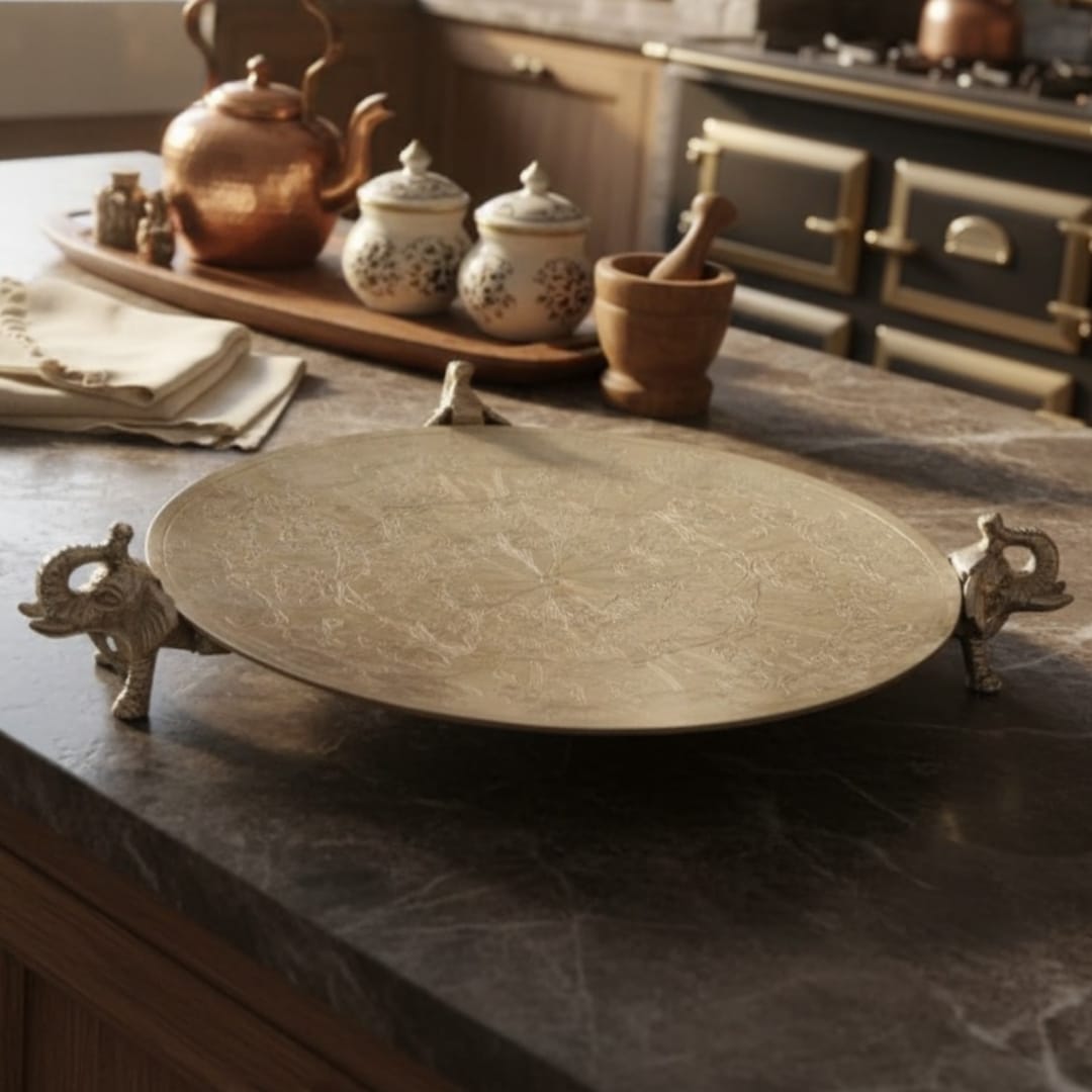 1985 Antique Brass Silver-Coated Service Tawa | Traditional Brass Serv ...