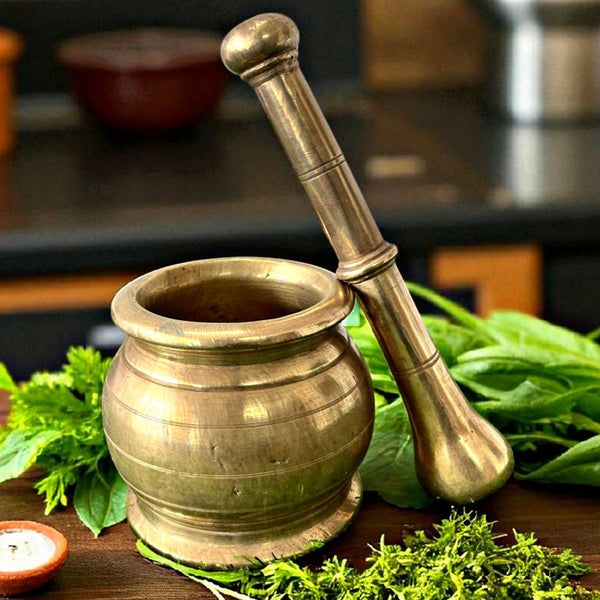 Antique Brass Khalbatta with Batta | Traditional Pital Grinder & Morta ...