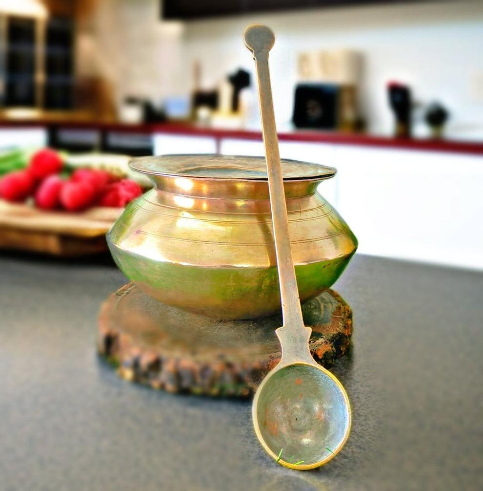 Antique Brass Small Cooking Deg with Brass Ladle and lid - Thick Gauge ...